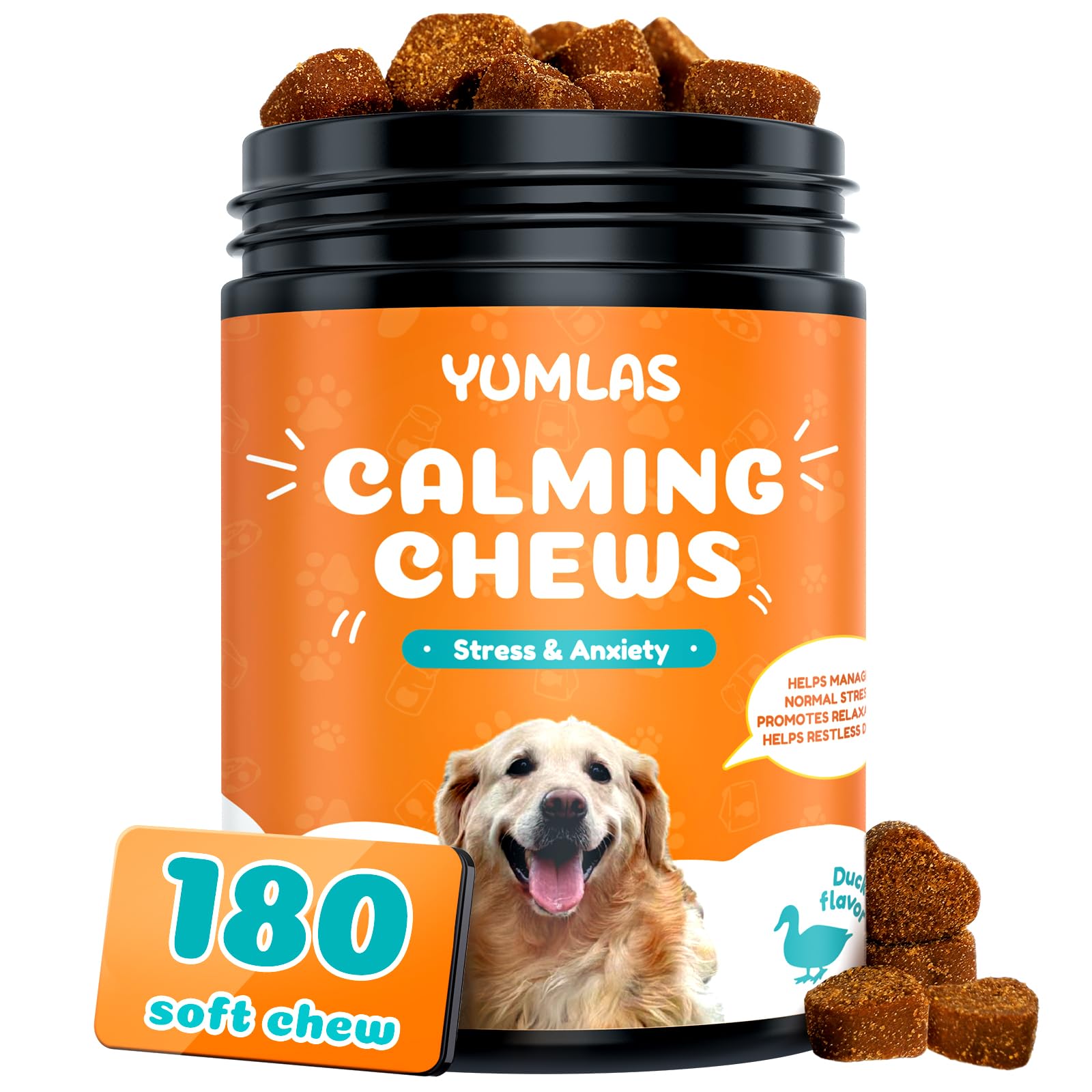 Yumlas 180 Counts Calming Chews for Dogs Anxiety Relief, Dog Calming Chews with Potent Effect in 30 Mins & Last for 12 Hrs, Hypoallergenic Dog Calming Treats for All Breeds, Sizes, Ages (Duck Flavor)