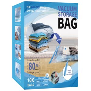 10 pack vacuum storage bags, space saver bags with hand pump, vacuum seal bags for clothing, organization and storage comforters, pillows, towel, blanket storage, bedding,moving supplies.