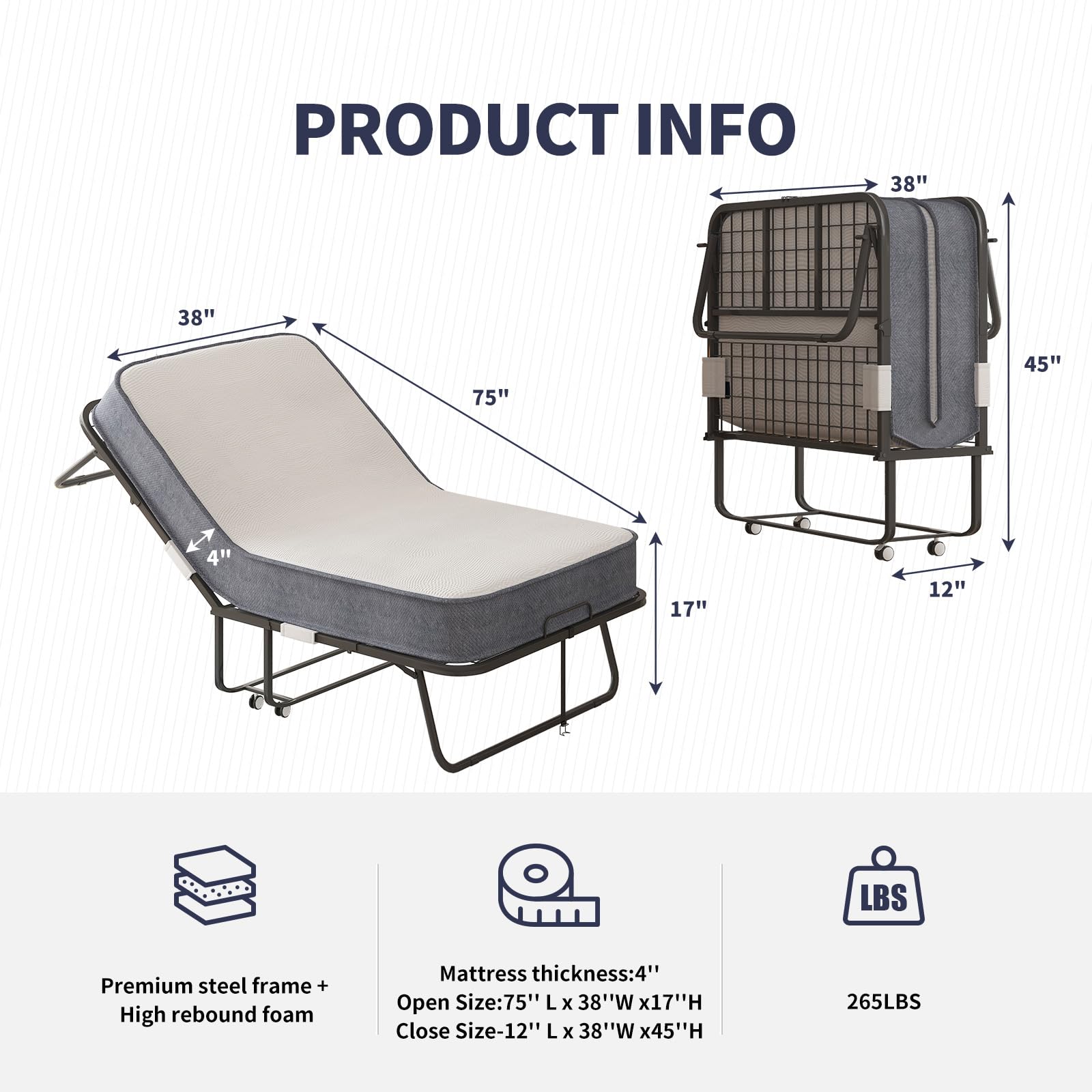 ZAFLY Folding Bed with 4” Memory Sponge Mattress, Portable Guest Bed Camping Cot for Adults, Soft Padded Rollaway Sleeping Bed for Travel and Hospital Nursing, 75 x 38” Twin XL Size(Standard)