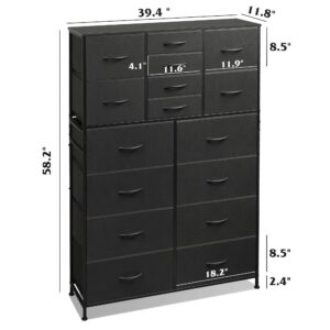 WLIVE Tall Dresser for Bedroom, Fabric Dresser Storage Tower with 16 Drawers, Chest of Drawers Organizer Unit, Storage Cabinet, Hallway, Closets, Steel Frame, Charcoal Black