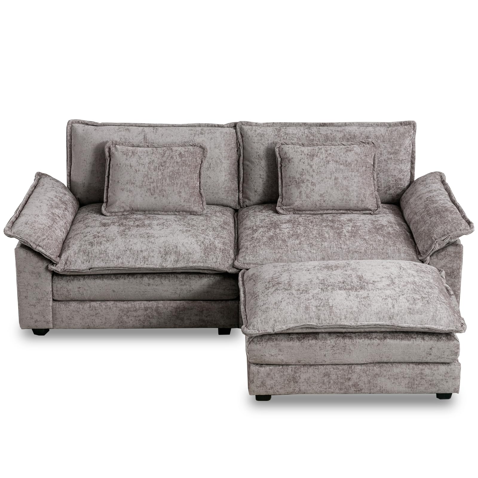 URRED Sectional Sofa Couch, Modern Chenille Sofa Sleeper Deep Seat Couches with Ottoman/Pillows for Living Room, Grey