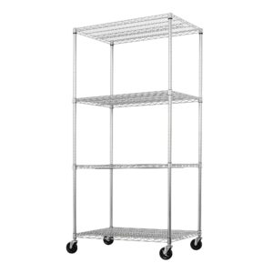 saferacks - nsf certified storage shelves, zinc, heavy duty steel wire unit with wheels and adjustable feet, garage or bakers rack, kitchen, pantry shelf - (36"x24"x72" 4-tier) (silver)