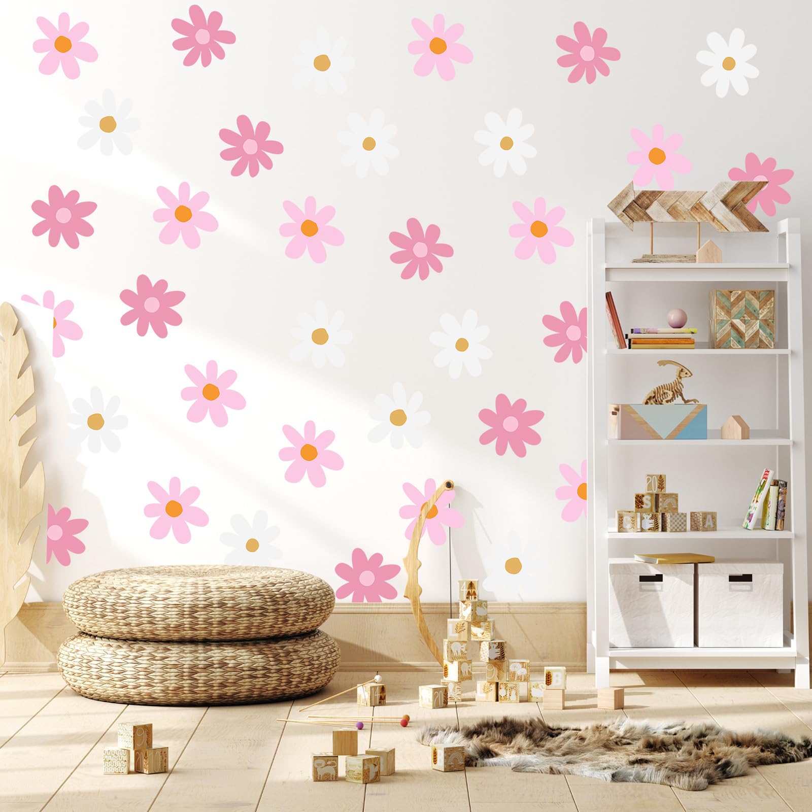 BBTO Daisy Wall Decal Flower Vinyl Wall Decals Daisy Decals Floral Decals Peel and Stick Daisy Stickers for Kids Nursery Wall Art Bedroom Living Room(Pink, White)