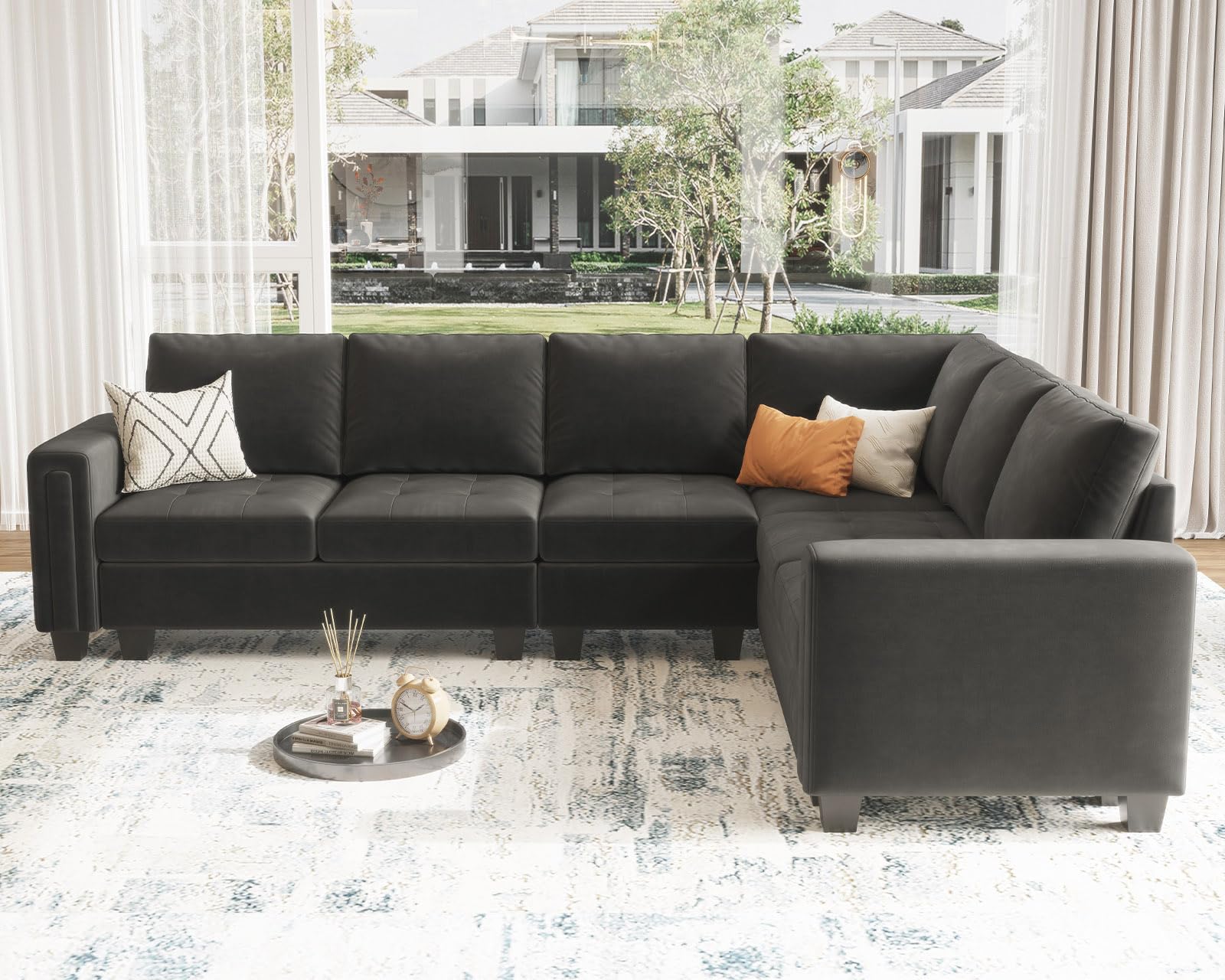 Belffin Grey Velvet L-Shape Sectional Sofa with Reversible Chaise, 107.8'L x 84.2'W x 35.8'H, Modular, Modern, Sofa Couch for Living Room, 5 Seater, Easy Assembly