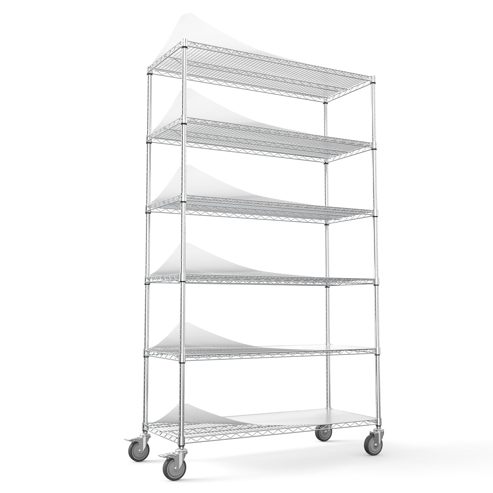 NSF Heavy Duty 6-Tier Metal Wire Shelving Unit - 6000lbs Capacity, Adjustable, with 5in Wheels/Leveling Feet and Shelf Liners - Ideal for Garage, Kitchen, and More - Chrome, 20"D x 48"L x 84.5"H