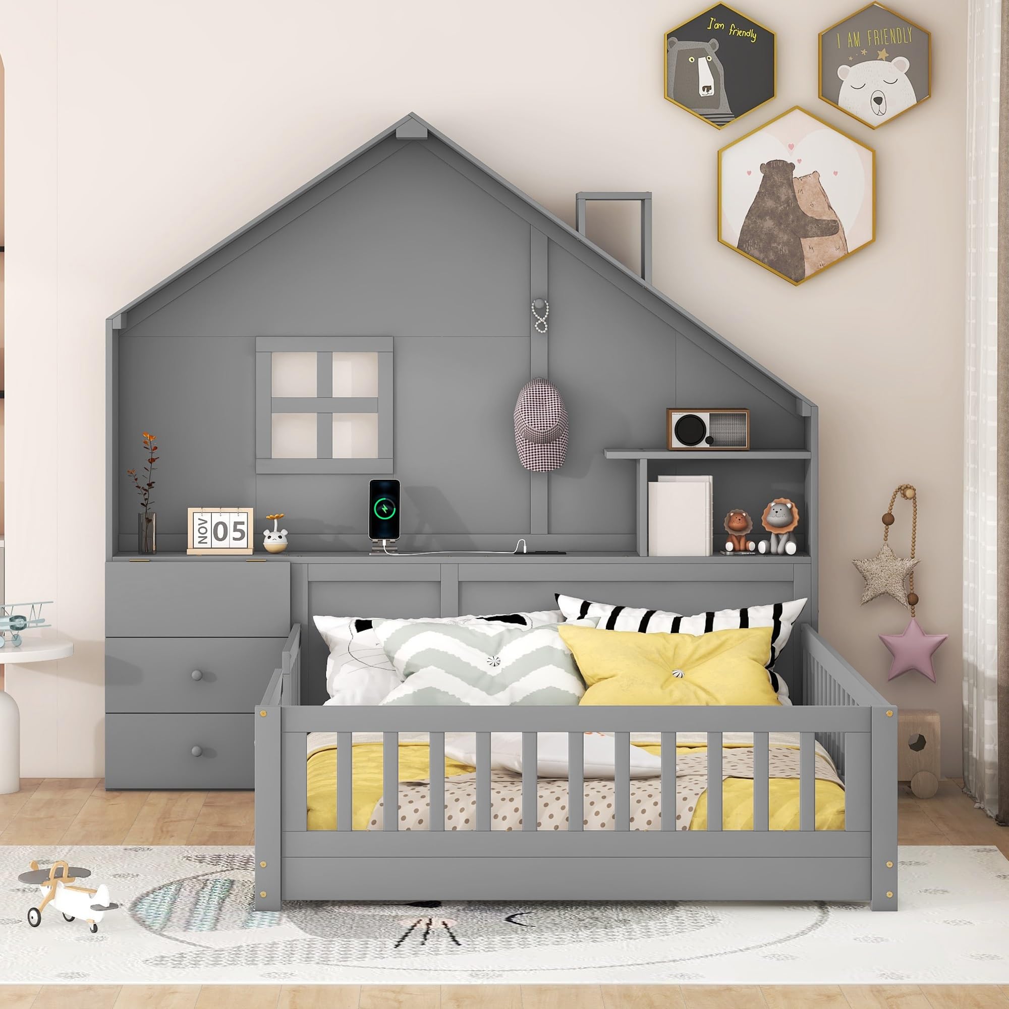 Full Floor House Bed for Kids, Wood Montessori Floor Bed with Rails, Window and Bedside Drawers, Kids Full Platform Bed with Shelves and a Set of Sockets and USB Port (Full,Grey)