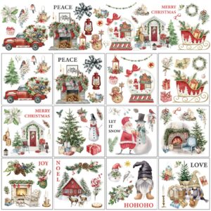 whaline 12 sheets christmas rub on transfers classic watercolor santa snowman gnome transfer stickers winter floral bird furniture decals for home office paper wood diy crafts, 5.9 x 5.9 inch