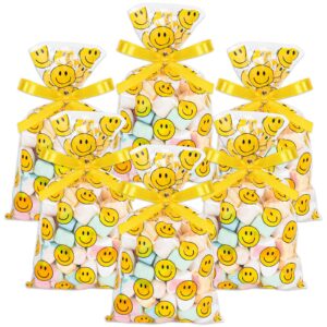 whaline 100pcs smile pattern cellophane treat bags with yellow ribbons cute smile face cello goodie bags clear flat candy cookie bags for birthday baby shower wedding party favor supplies