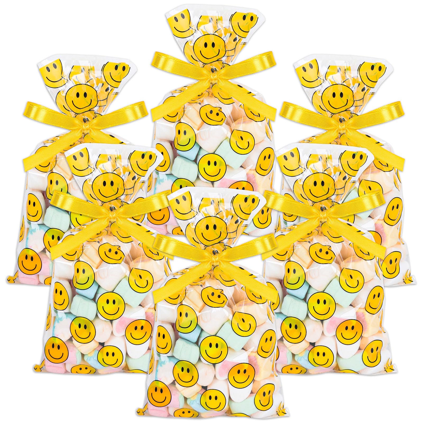 Whaline 100Pcs Smile Pattern Cellophane Treat Bags with Yellow Ribbons Cute Smile Face Cello Goodie Bags Clear Flat Candy Cookie Bags for Birthday Baby Shower Wedding Party Favor Supplies