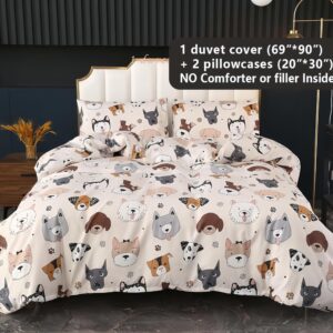 SDY 3PCS Dog Print Pattern Duvet Cover Set Twin, Bed in a Bag Duvet Cover and 2 Pillowcases, Corner Ties and Zipper Closure, Cute Cartoon Puppy Bedroom Decor for Kids, Children, Boys, Girls and Teens