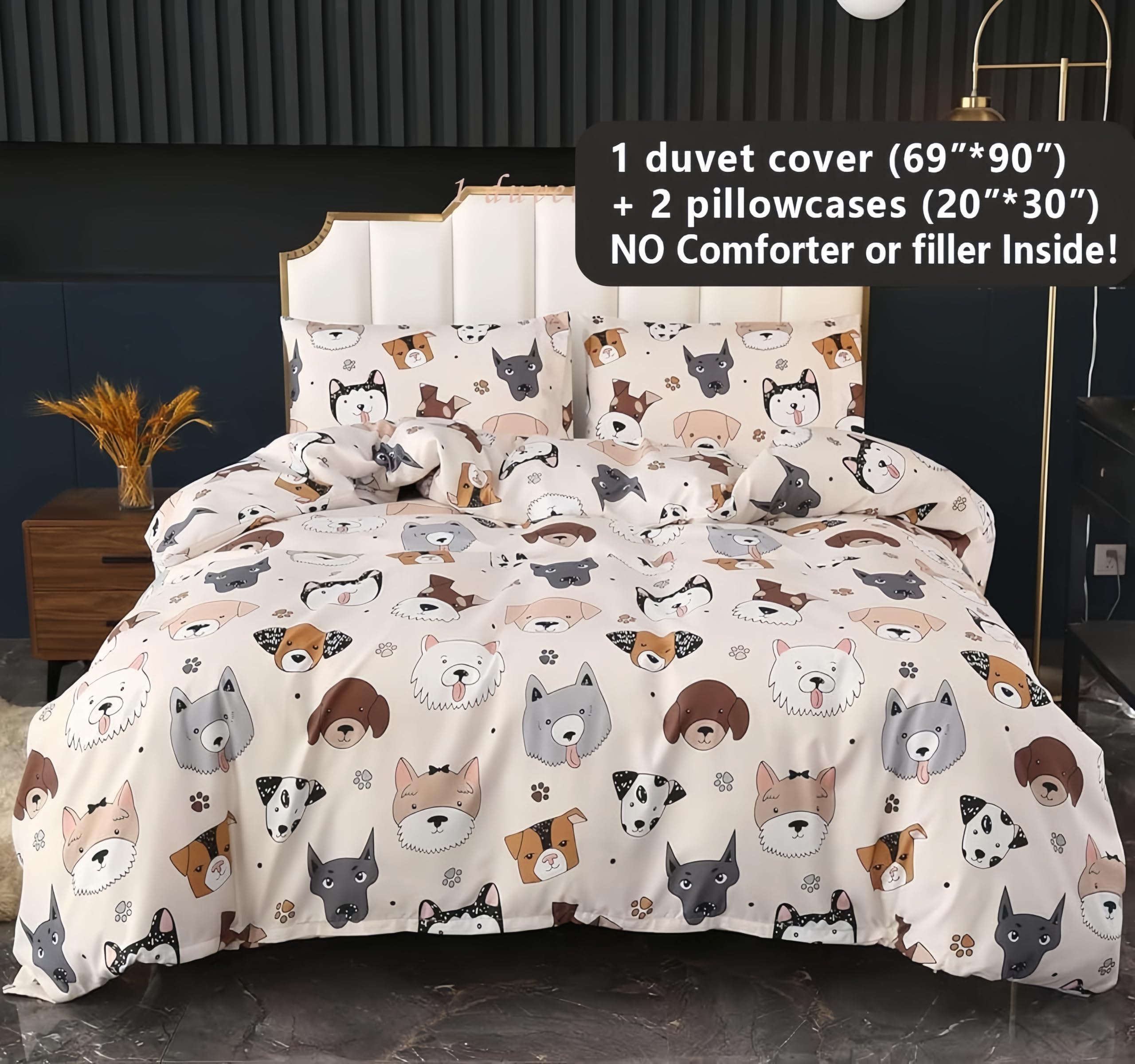 SDY 3PCS Dog Print Pattern Duvet Cover Set Twin, Bed in a Bag Duvet Cover and 2 Pillowcases, Corner Ties and Zipper Closure, Cute Cartoon Puppy Bedroom Decor for Kids, Children, Boys, Girls and Teens