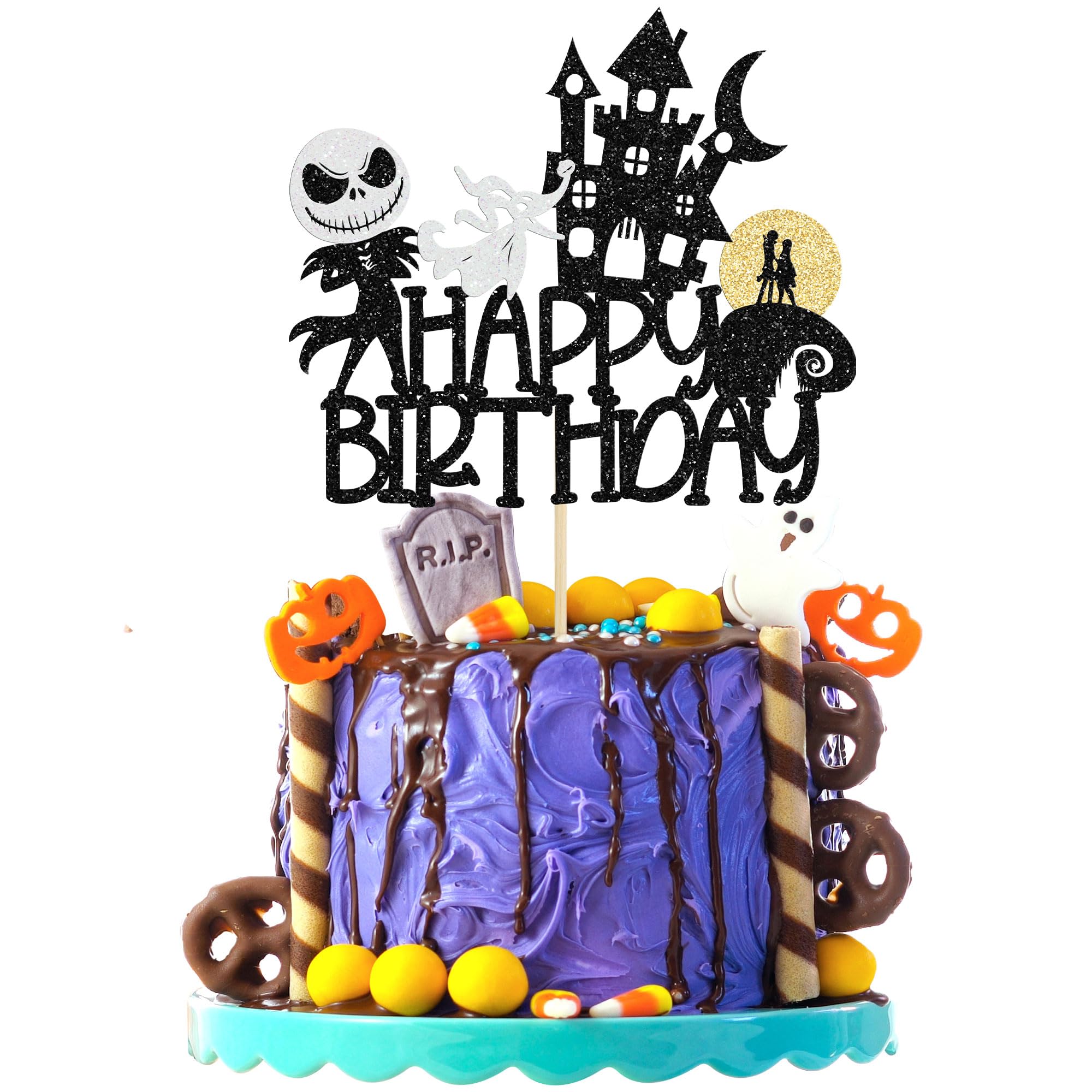 1Pc Halloween Happy Birthday Cake Topper Glitter Jack and Sally Pumpkin Bat Castle Ghost Halloween Cake Pick for Halloween Theme Baby Shower Kids Birthday Party Cake Decorations Supplies