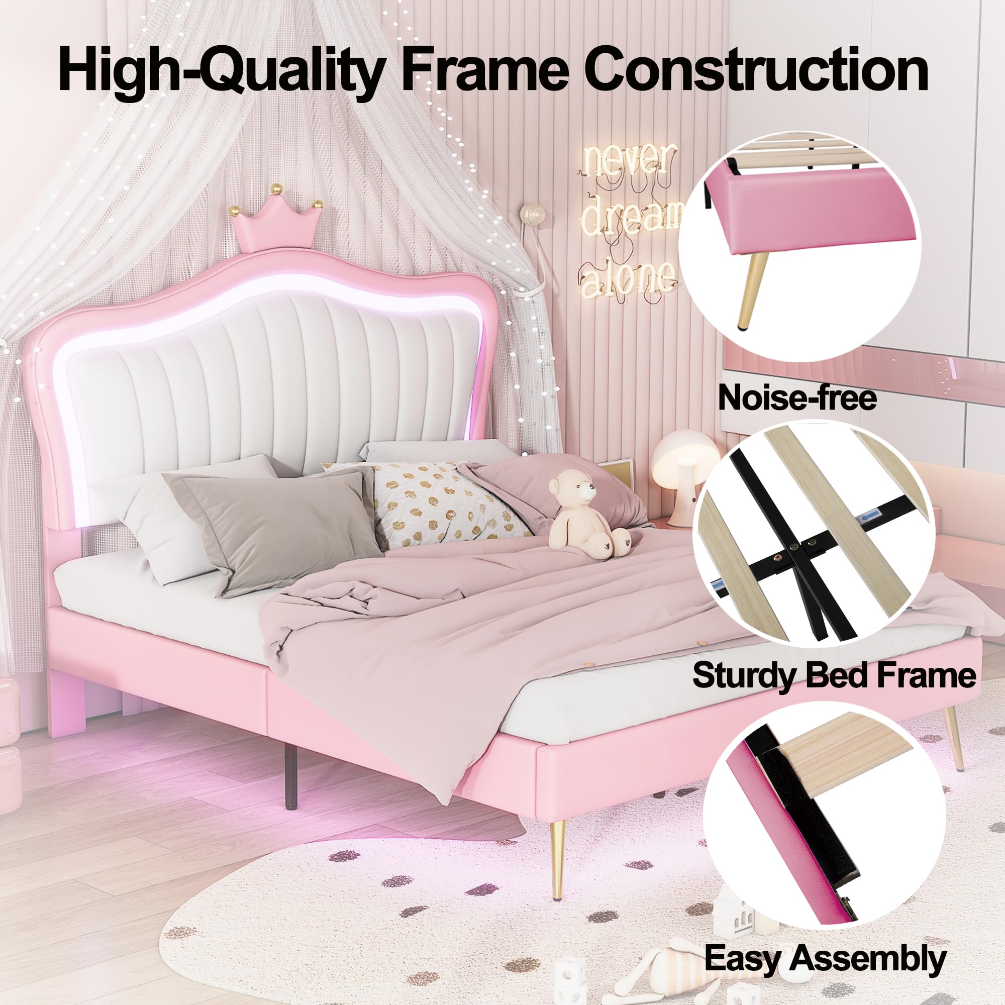 Queen Size Upholstered Princess Bed Frame with LED Lights and Crown Headboard,for Kids Boys Girls Teens Bedroom Use (Queen, White+Pink@LED Lights-)