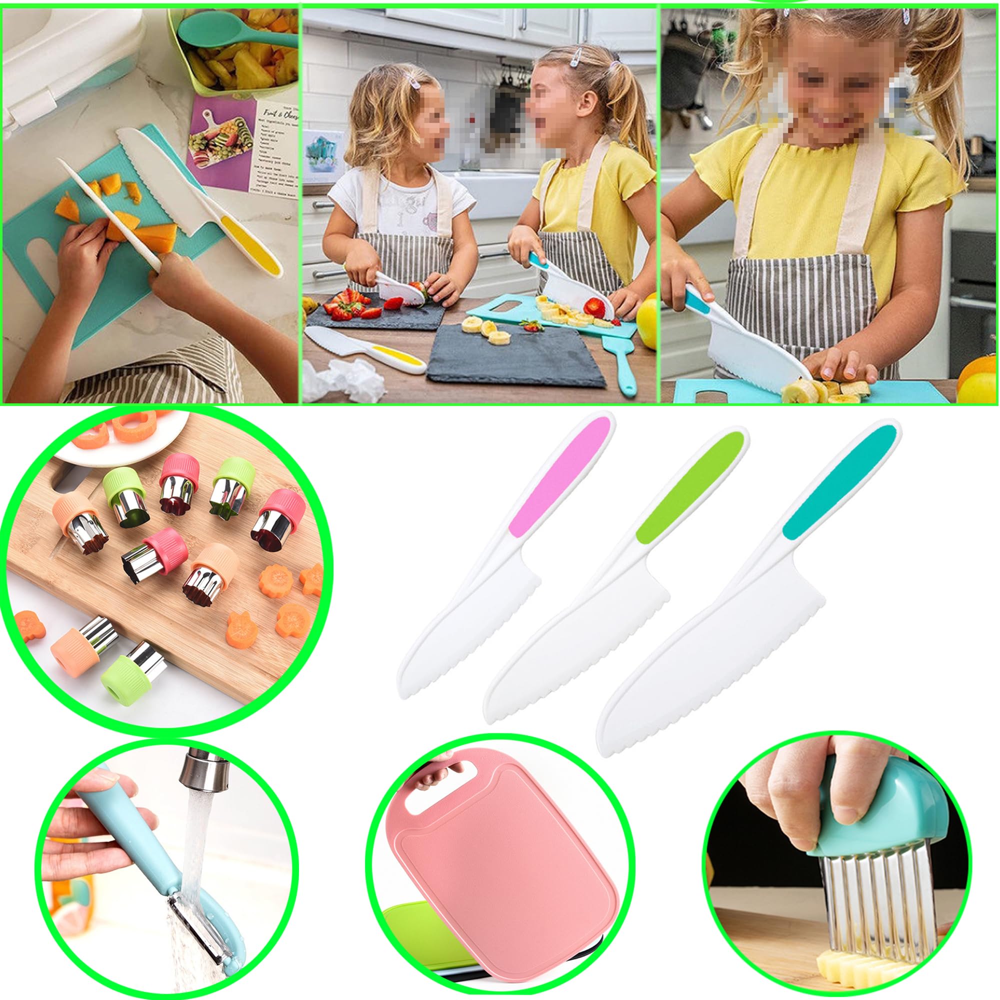 Yinmazzsan 9 Pcs Kid Safe Knives Cooking Set,Montessori Kitchen Tools for Toddlers， Kids Cooking Sets Real，Serrated Edges Toddler Knife Kids Knives for Cooking & Cutting Fruit, Bread, Vegetable