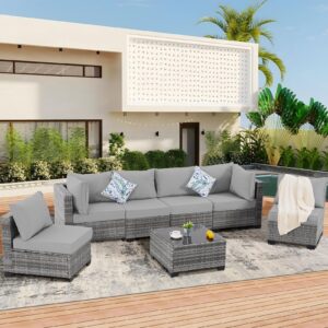 FHFO 7 Pieces Outdoor Patio Furniture Set, Wicker Sectional Sofa Set Rattan Modular Patio Conversation Sets with Cushions Couch Set & Coffee Table for Outside, Garden, Balcony, Porch, Grey