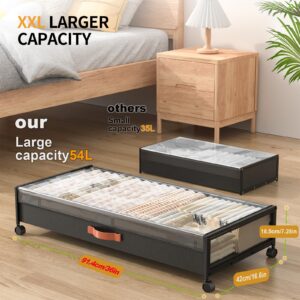 Eastherry Under Bed Storage with Wheels, 54L XXL Larger Under Bed Storage Containers with Clear Lids, 36'' Lengthen Under Bed Shoe Organizer, Rolling Under Bed Storage for Shoes Clothes (2 PACK)