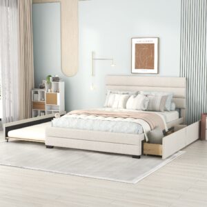 harper & bright designs queen upholstered platform bed with twin size trundle and storage drawers, wooden queen bed frame with headboard, no box spring needed (queen size, beige)