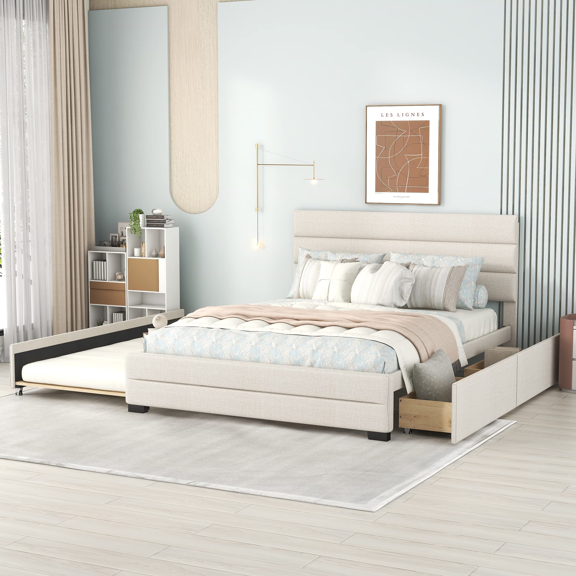 Harper & Bright Designs Queen Upholstered Platform Bed with Twin Size Trundle and Storage Drawers, Wooden Queen Bed Frame with Headboard, No Box Spring Needed (Queen Size, Beige)