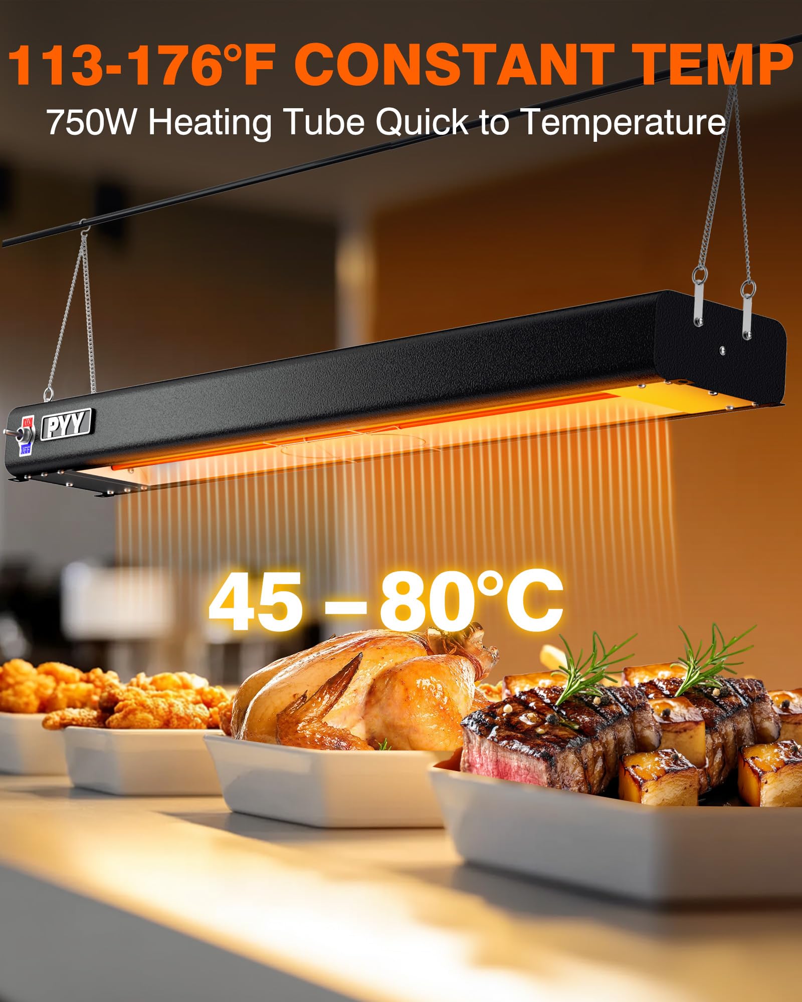 PYY 35 Inch Food Heat Lamp Aluminum Infrared Strip Heater Overhead Food Warmer Light Electric Commercial Grade for Restaurant Buffet Catering Kitchen 750W