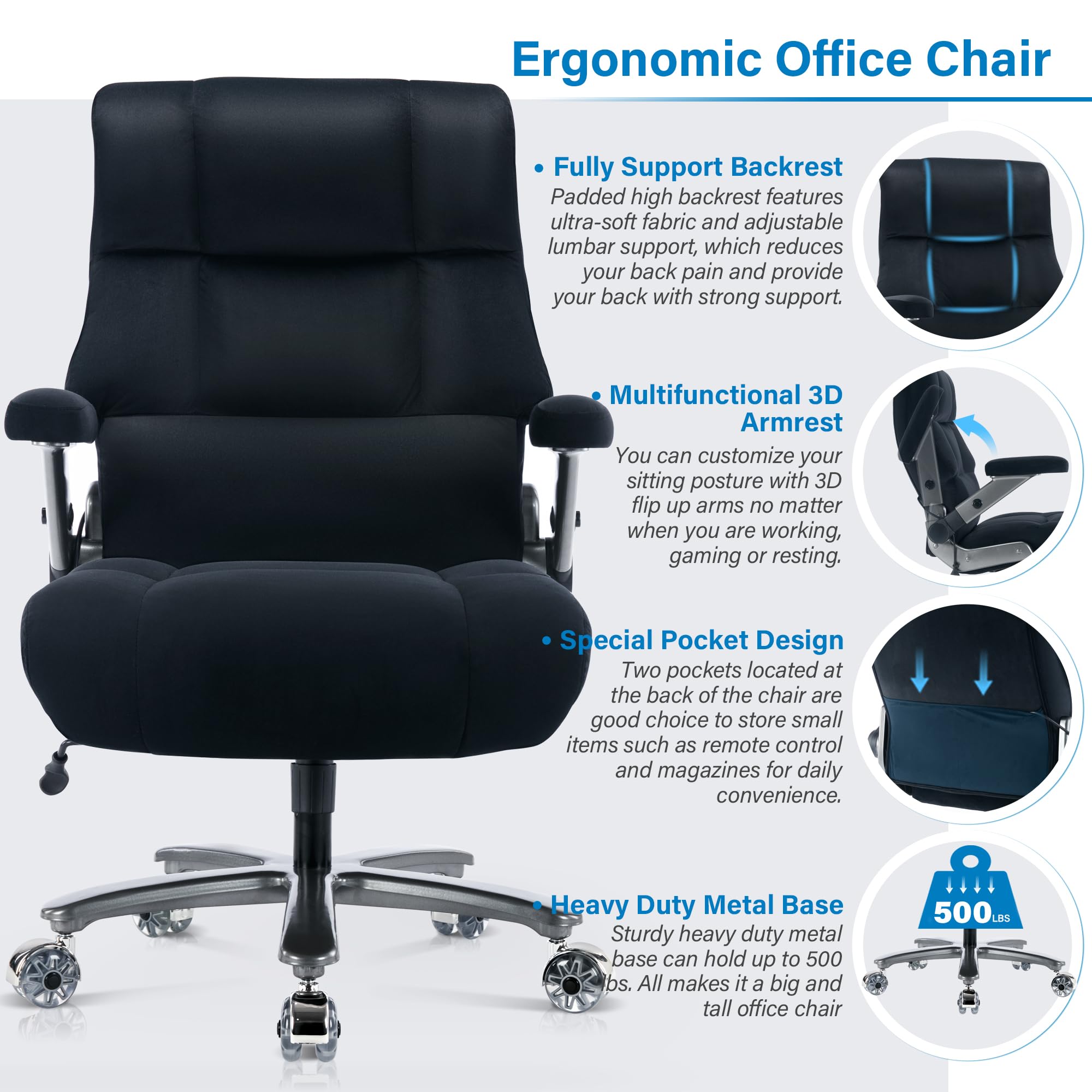 Big and Tall Office Chair 500lbs- Executive Desk Chair with Adjustable Lumbar Support 3D Flip UP Arms- Heavy Duty Quiet Wheels Metal Base Ergonomic Computer Chair, Black