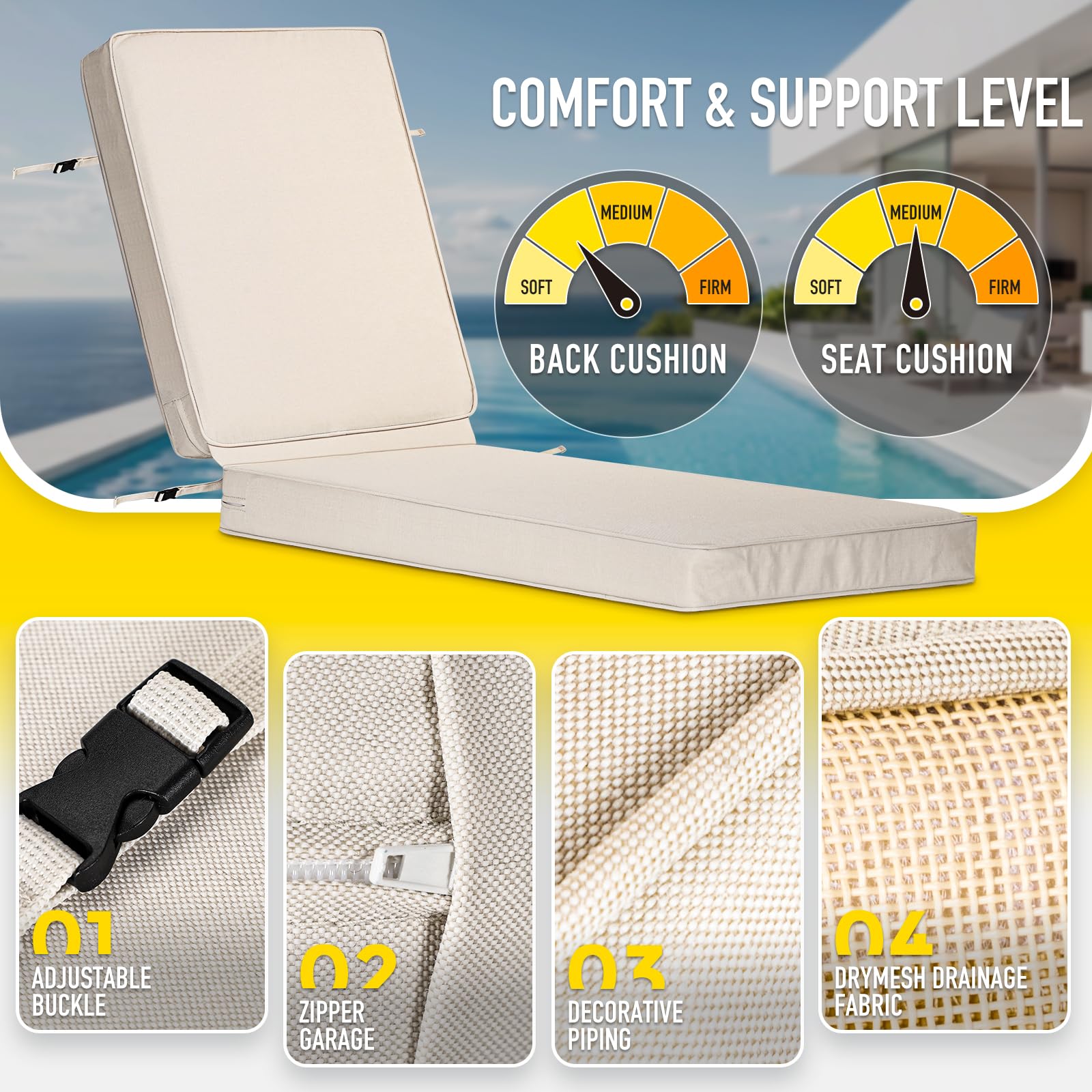 SUNROX All-Weather DryFast Foam Lounge Chair Cushion, FadeShield Water Resistant Chaise Lounge Cushions for Outdoor Patio Furniture with Adjustable Buckle Ties, 73x22 Inch, Cream