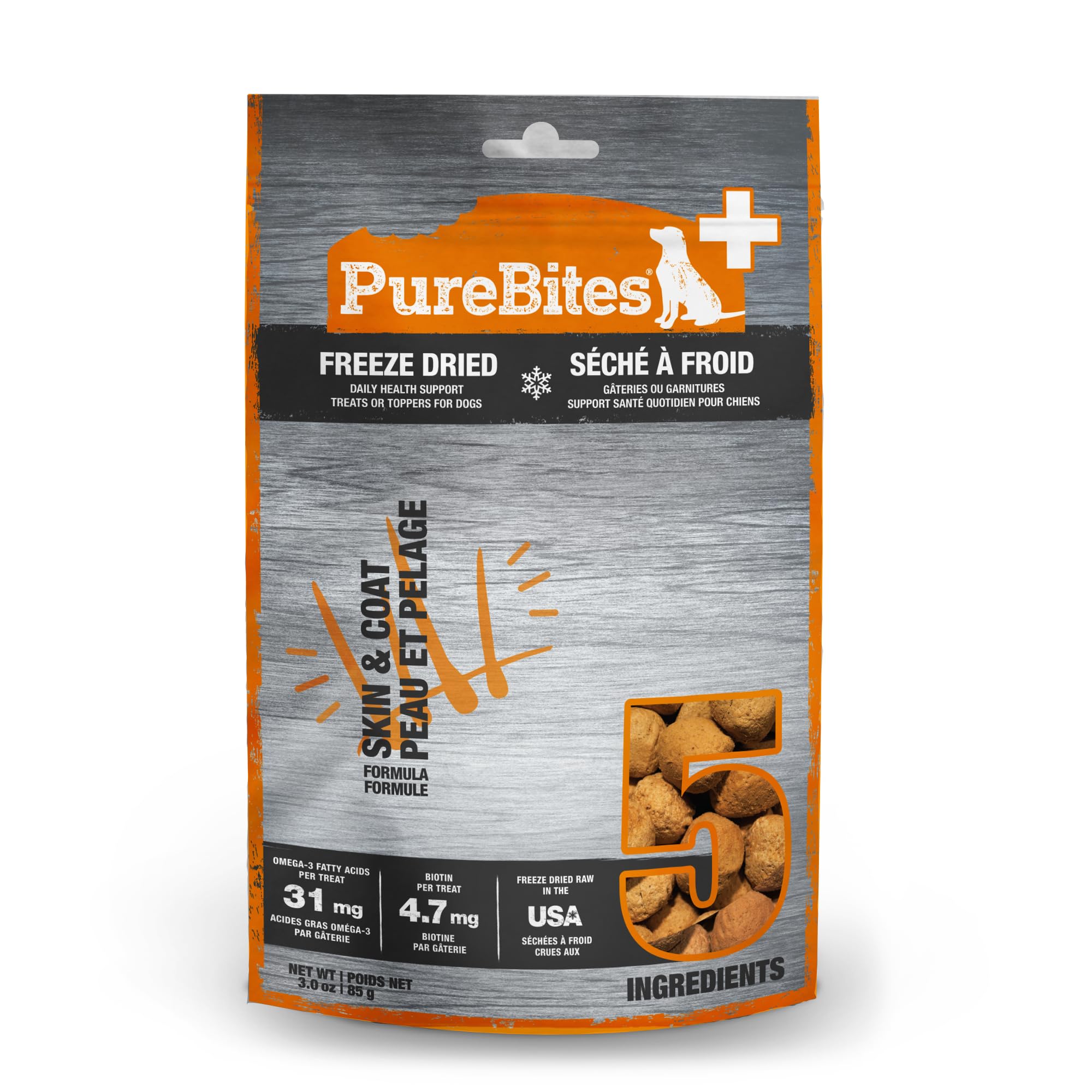 PureBites+ Skin & Coat Freeze Dried Dog Treats, 5 Ingredients, Made in USA, 3oz