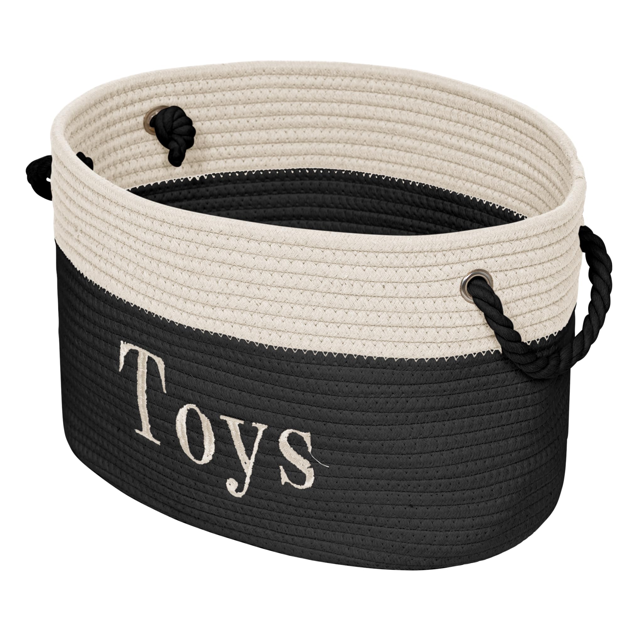 Toy Rope Storage Basket - 15 x 11 x 9 Toy Bin - Embroidered Storage Bins - Black and White Basket - Tote Bin for Nursery, Playroom, Living Room, Classroom