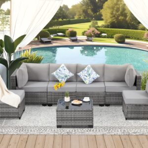 FHFO 7 Pieces Outdoor Patio Furniture Set, Wicker Sectional Sofa Set Rattan Modular Patio Conversation Sets with Cushions Couch Set & Coffee Table for Outside, Garden, Balcony, Porch, Grey