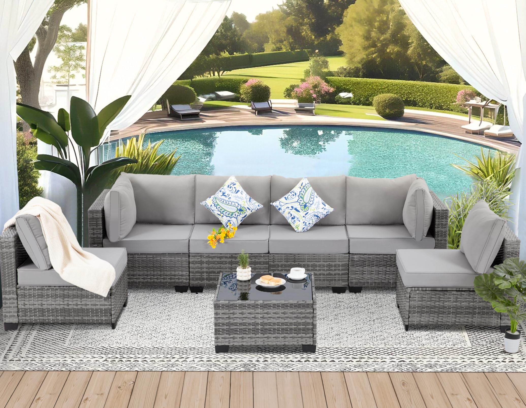 FHFO 7 Pieces Outdoor Patio Furniture Set, Wicker Sectional Sofa Set Rattan Modular Patio Conversation Sets with Cushions Couch Set & Coffee Table for Outside, Garden, Balcony, Porch, Grey