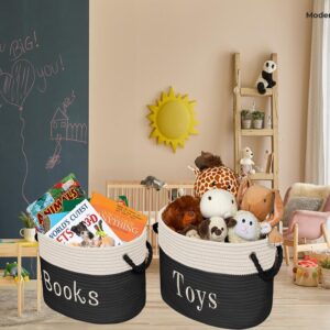 Toy Rope Storage Basket - 15 x 11 x 9 Toy Bin - Embroidered Storage Bins - Black and White Basket - Tote Bin for Nursery, Playroom, Living Room, Classroom