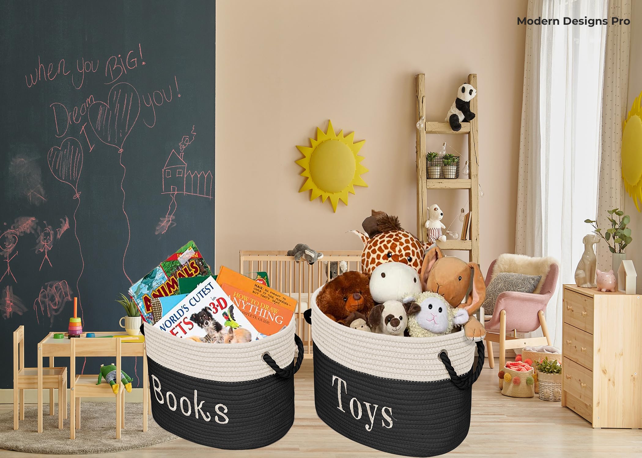 Toy Rope Storage Basket - 15 x 11 x 9 Toy Bin - Embroidered Storage Bins - Black and White Basket - Tote Bin for Nursery, Playroom, Living Room, Classroom