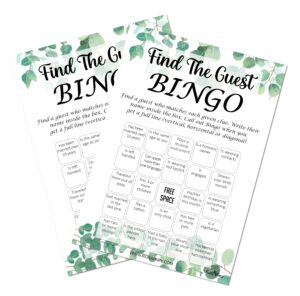 rokapary eucalyptus theme find the guest bingo game, wedding, bridal shower, bachelorette or engagement party game, event activities play pack of 50 cards 5”x7” made in usa