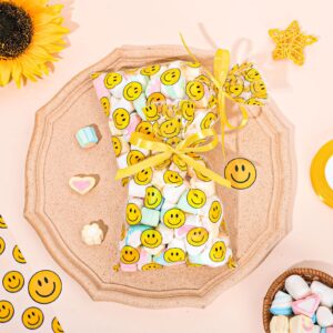 Whaline 100Pcs Smile Pattern Cellophane Treat Bags with Yellow Ribbons Cute Smile Face Cello Goodie Bags Clear Flat Candy Cookie Bags for Birthday Baby Shower Wedding Party Favor Supplies