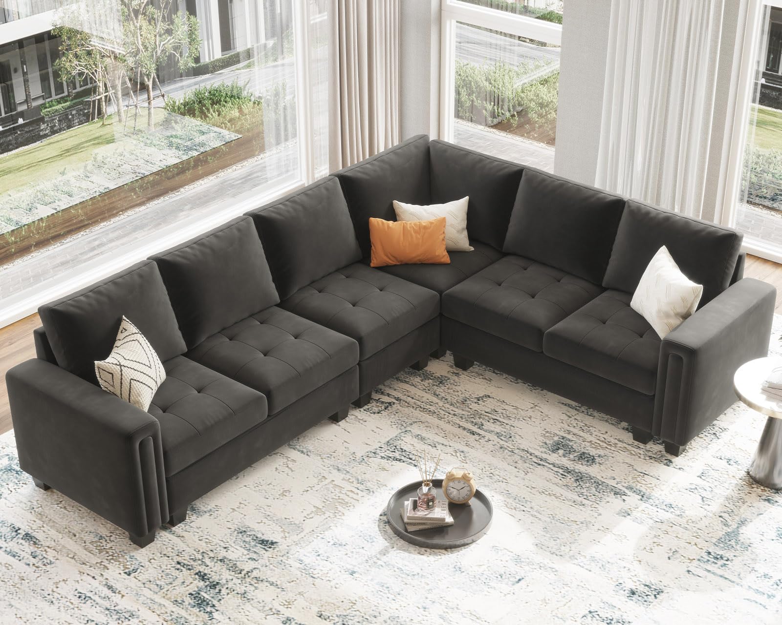 Belffin Grey Velvet L-Shape Sectional Sofa with Reversible Chaise, 107.8'L x 84.2'W x 35.8'H, Modular, Modern, Sofa Couch for Living Room, 5 Seater, Easy Assembly