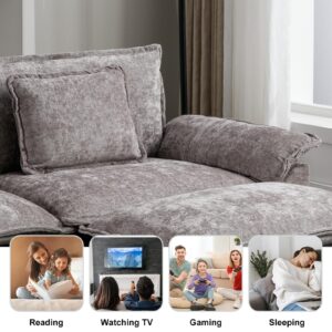 URRED Sectional Sofa Couch, Modern Chenille Sofa Sleeper Deep Seat Couches with Ottoman/Pillows for Living Room, Grey