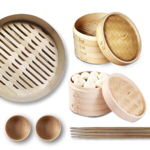 grown goods bamboo steamer handmade basket with lid | 10 inch 2 tier steaming basket traditional design | for dumplings, rice, dim sum, vegetables, fish, and meat | includes 50 liners, 2 bamboo sauce