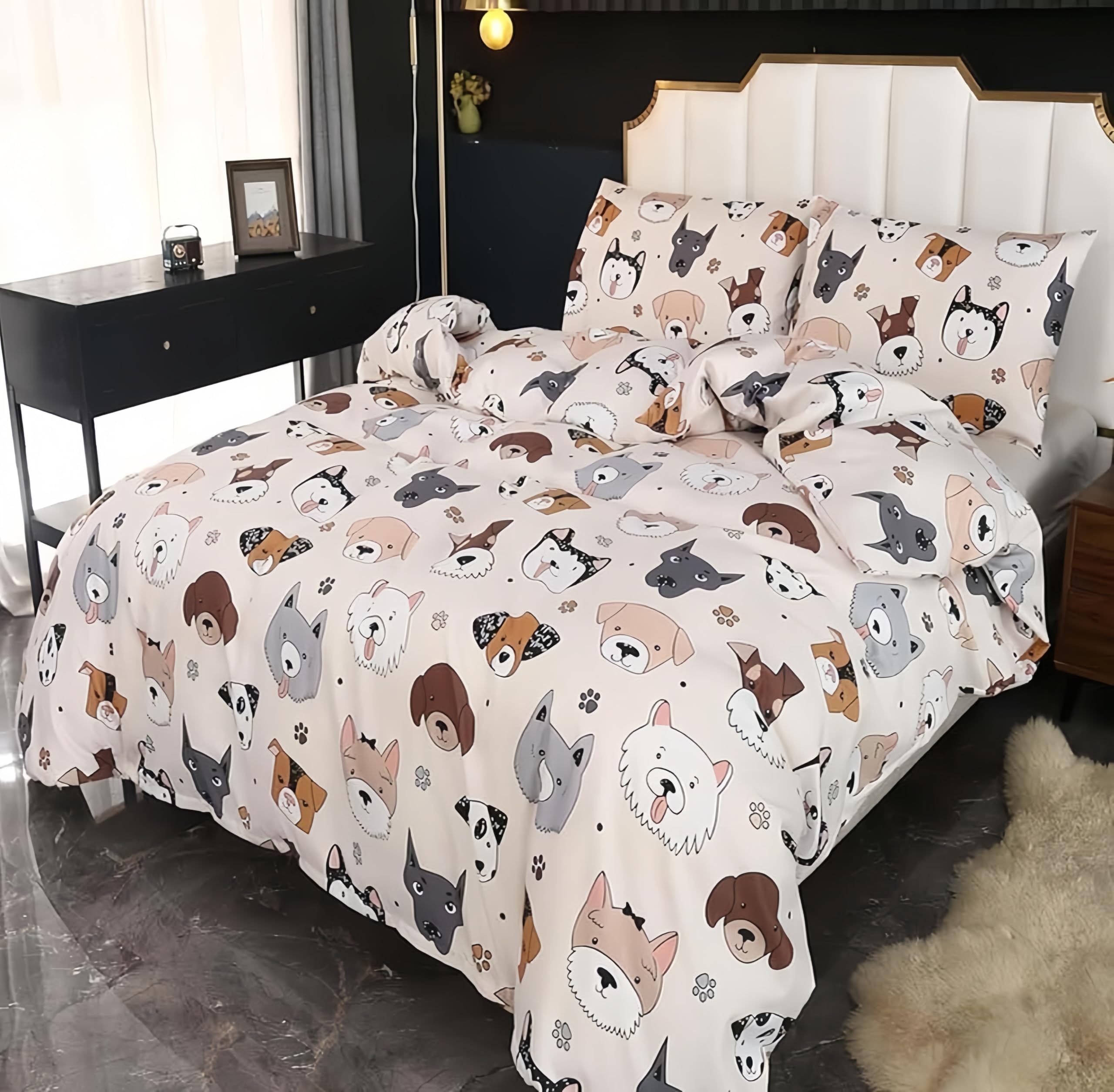 SDY 3PCS Dog Print Pattern Duvet Cover Set Twin, Bed in a Bag Duvet Cover and 2 Pillowcases, Corner Ties and Zipper Closure, Cute Cartoon Puppy Bedroom Decor for Kids, Children, Boys, Girls and Teens