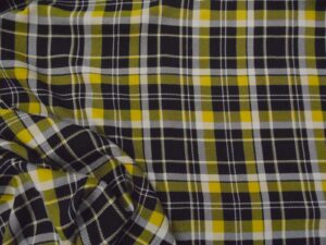 discount fabric challis rayon apparel plaid yellow black white e52 (yard)