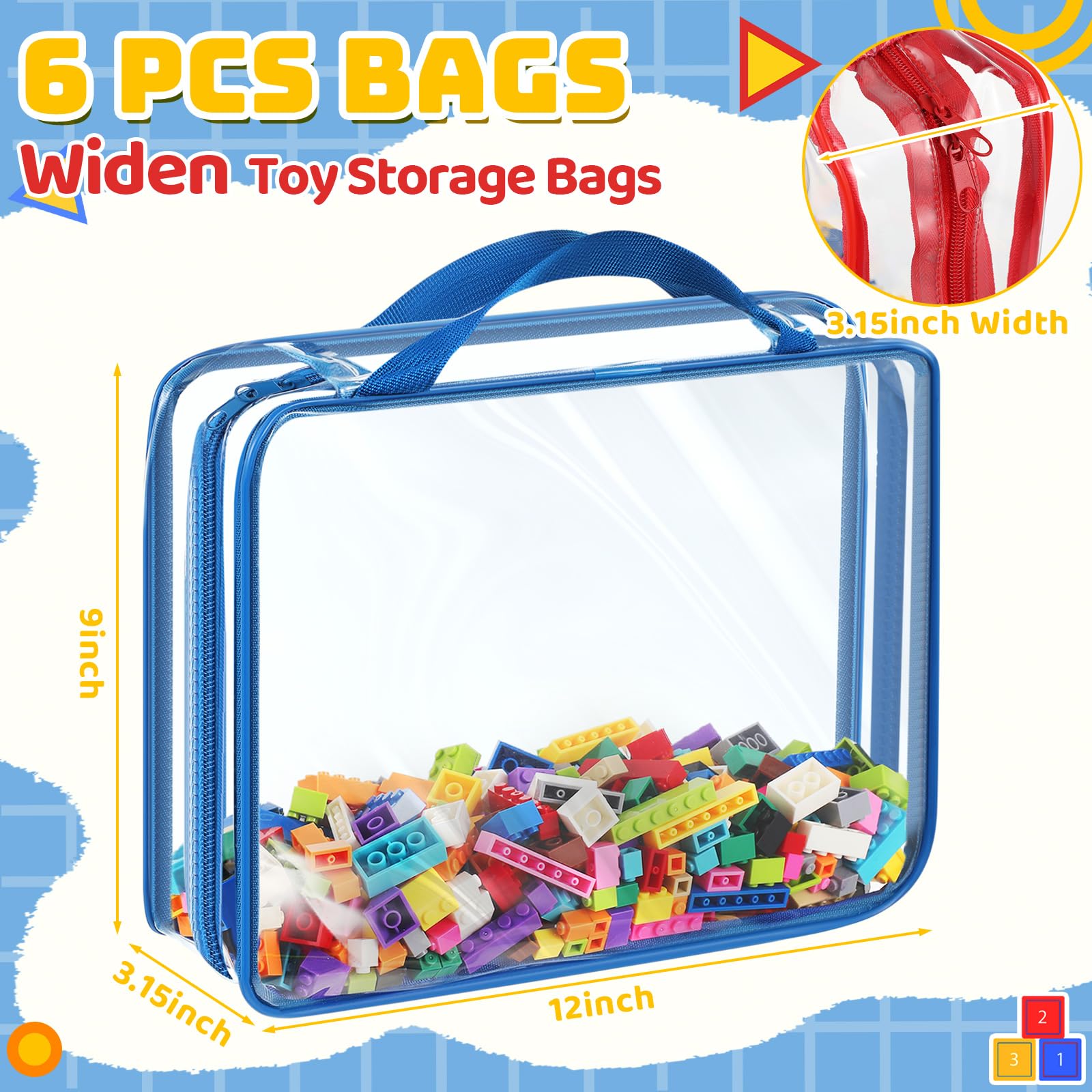 Windyun 6 Pcs Large 12 x 9 x 3.15 Inch Toy Storage Organizer Toy Organizer Gift for Christmas Board Game Storage Bag Toy Storage Bags Playroom Organization Building Blocks Books Storage Supplies