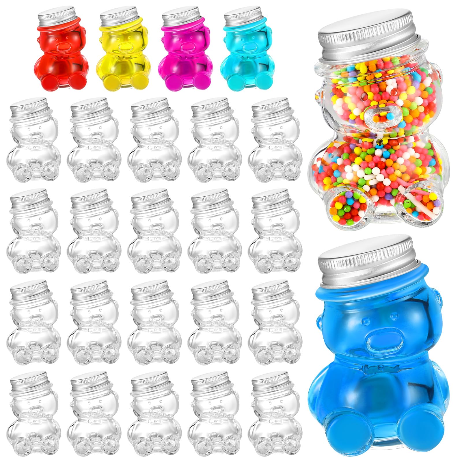 Hushee 24 Pcs 1.5 oz Glass Honey Bear Jar Mini Cute Honey Bottles Bear Mason Jar Small Funny Shot Glasses with Lids for Jam Candies DIY Decoration Gift Wedding Party Favors