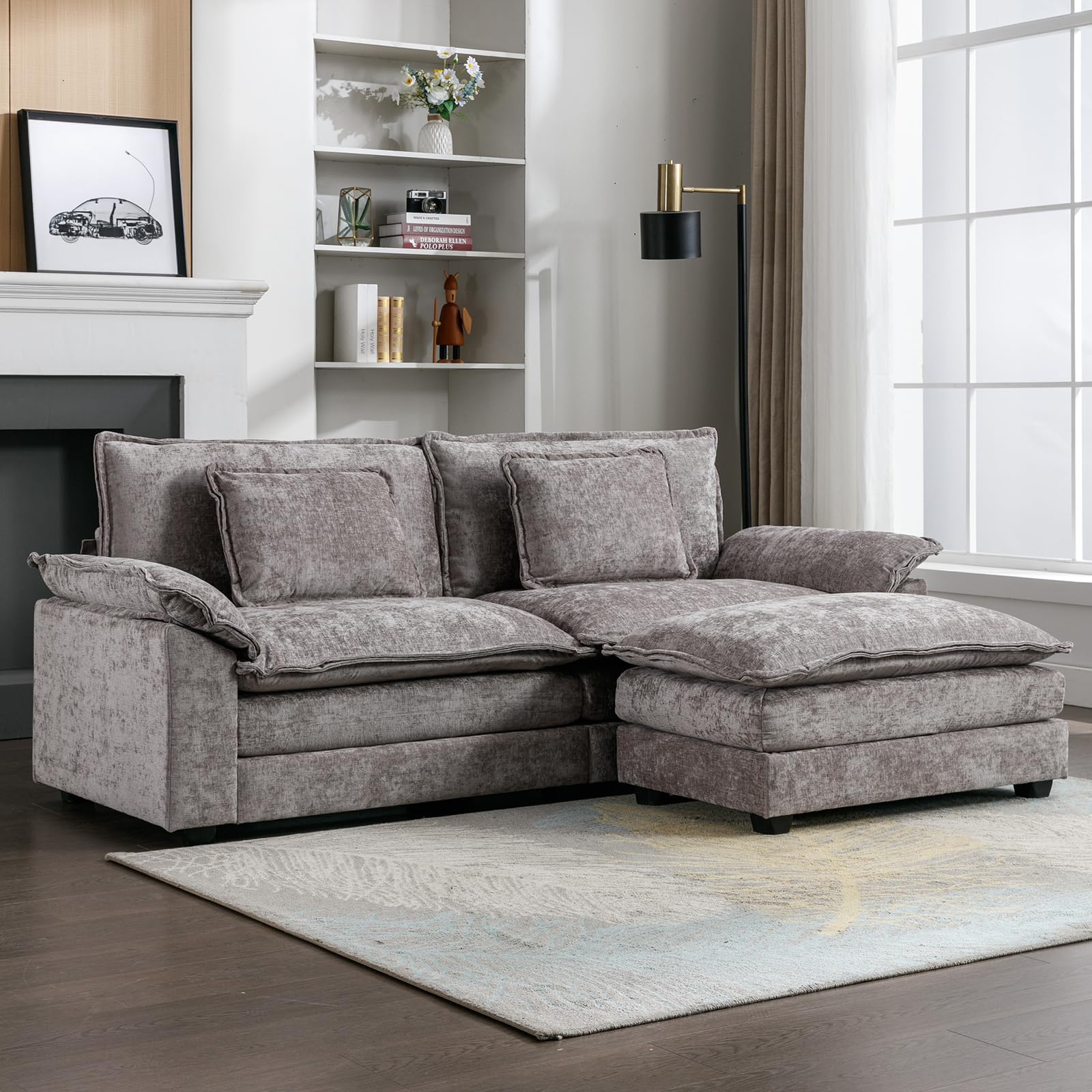 URRED Sectional Sofa Couch, Modern Chenille Sofa Sleeper Deep Seat Couches with Ottoman/Pillows for Living Room, Grey