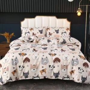 SDY 3PCS Dog Print Pattern Duvet Cover Set Twin, Bed in a Bag Duvet Cover and 2 Pillowcases, Corner Ties and Zipper Closure, Cute Cartoon Puppy Bedroom Decor for Kids, Children, Boys, Girls and Teens