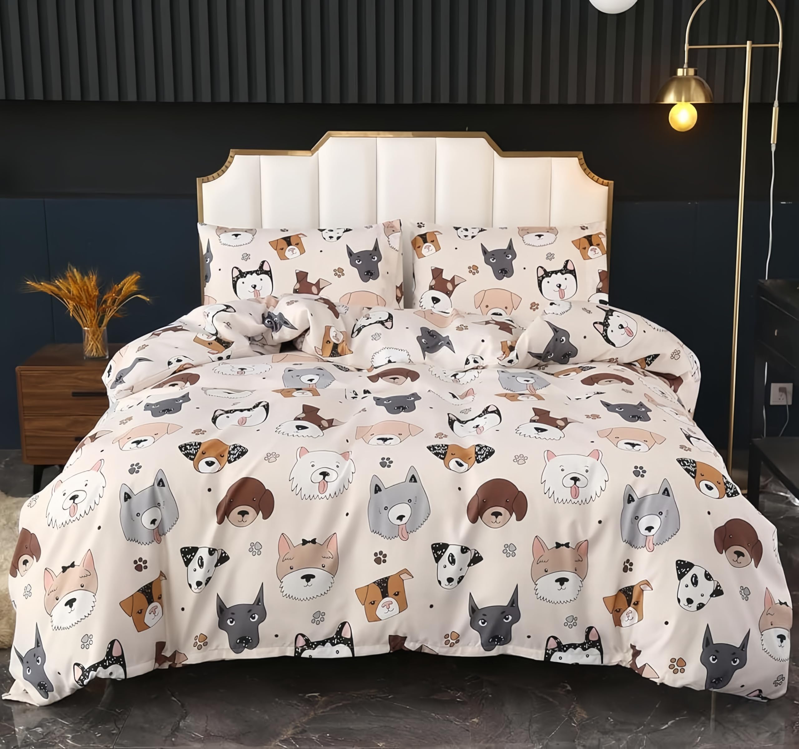 SDY 3PCS Dog Print Pattern Duvet Cover Set Twin, Bed in a Bag Duvet Cover and 2 Pillowcases, Corner Ties and Zipper Closure, Cute Cartoon Puppy Bedroom Decor for Kids, Children, Boys, Girls and Teens