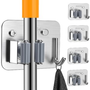 4 pack broom holder wall mount stainless steel mop hanger - home laundry room, kitchen, closet, garage organization and storage heavy duty utility rack - rake, shovel garden tool organizer (silver)