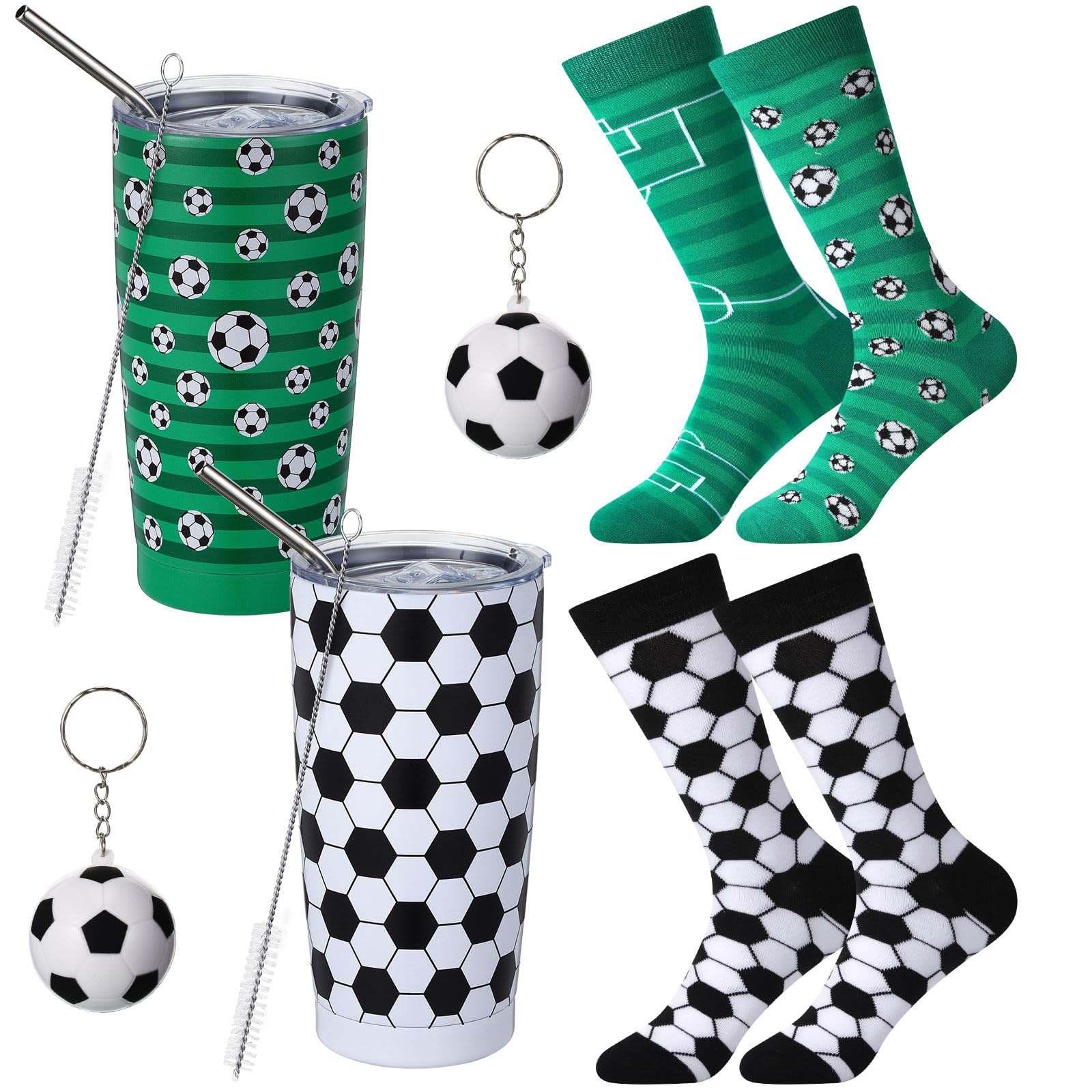 Umigy 6 Pieces Christmas Soccer Gifts Sets Include 20oz Soccer Stainless Steel Tumblers Mug with Lid Novelty Soccer Socks and Soccer Keychains for Friends Soccer Lovers