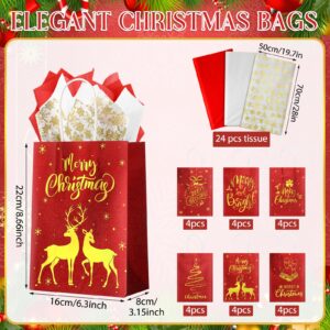 Christmas Gift Bags 24 Pcs, Red Glitter Christmas Bags for Gifts with Tissue Paper, 6 Styles Red and Gold Foil Paper Goodie Bags with Handles, Bulk Xmas Holiday Reusable Party Favor Treat Gift Bags