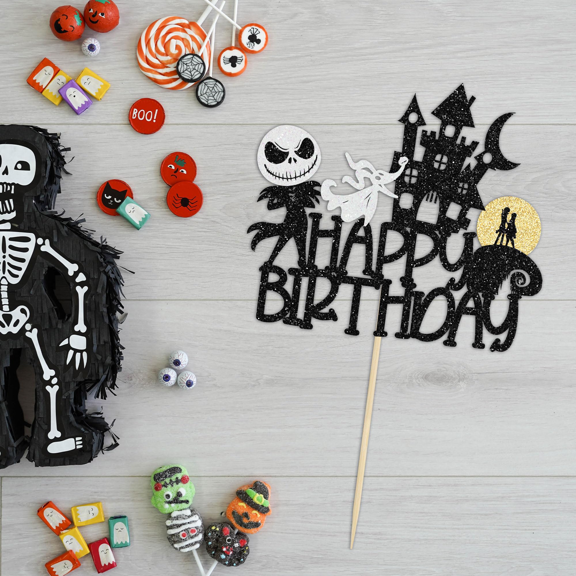 1Pc Halloween Happy Birthday Cake Topper Glitter Jack and Sally Pumpkin Bat Castle Ghost Halloween Cake Pick for Halloween Theme Baby Shower Kids Birthday Party Cake Decorations Supplies