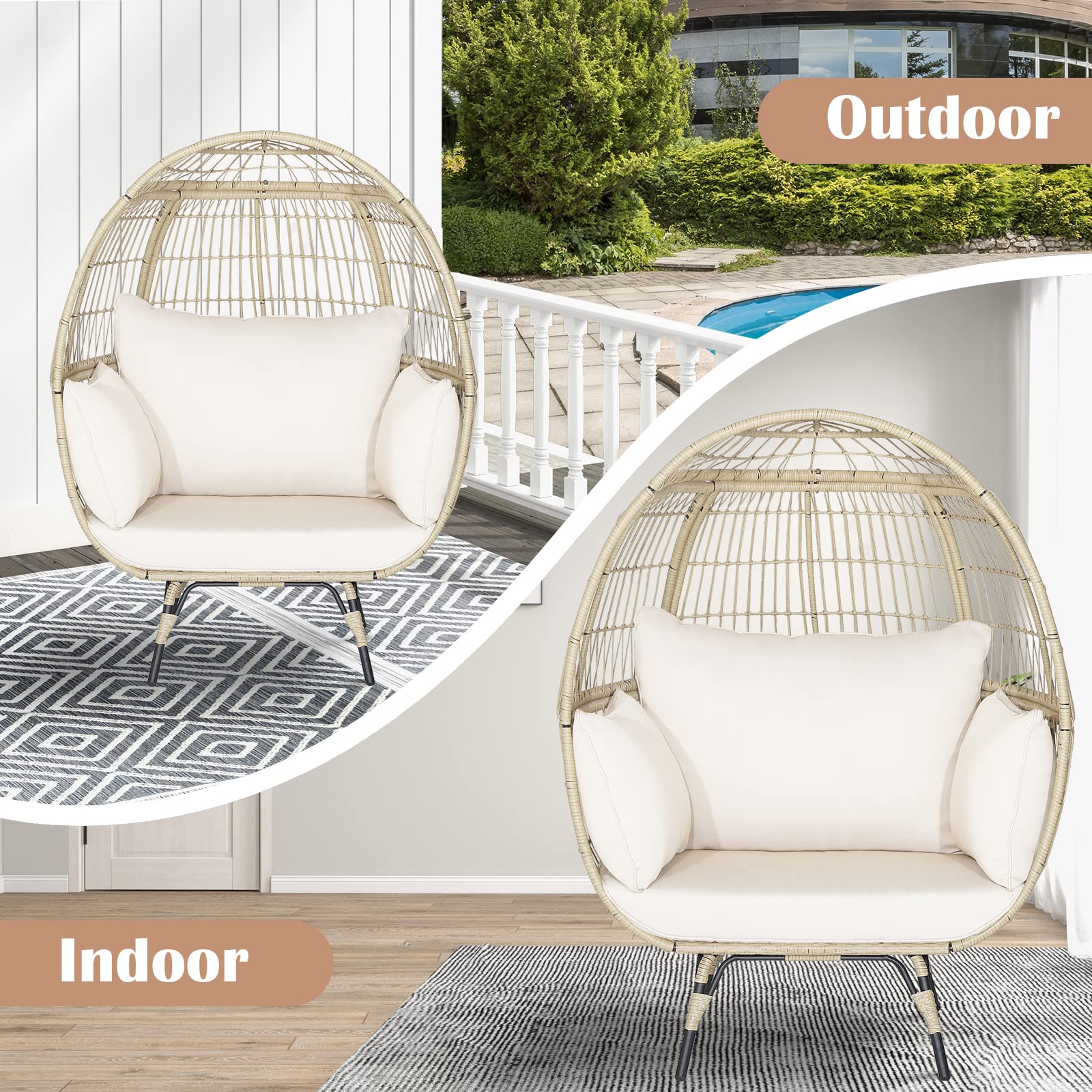 COSTWAY Patio Oversized Rattan Egg Chair Lounge Basket w/ 4 Cushions for Indoor Outdoor