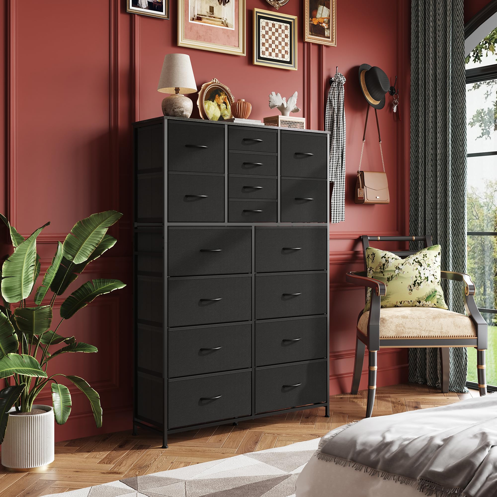 WLIVE Tall Dresser for Bedroom, Fabric Dresser Storage Tower with 16 Drawers, Chest of Drawers Organizer Unit, Storage Cabinet, Hallway, Closets, Steel Frame, Charcoal Black