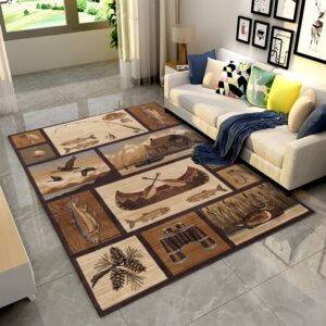 Country Style Rug, 5x8ft, Rustic Cabin Wildlife Washable Area Rugs, Lodge Boat Fishing Telescope Duck Geometric Design Soft Floor Rug Non-Skid Carpets for Kids Room Living Room Bedroom Decor